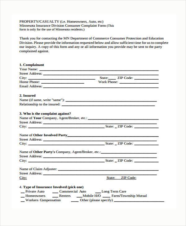 FREE 7+ Sample Insurance Complaint Forms in MS Word | PDF