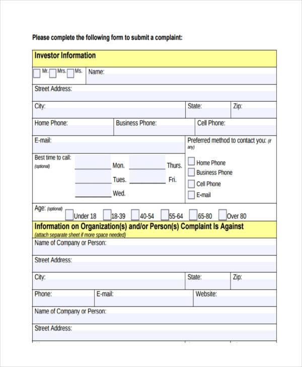 FREE 7+ Investor Complaint Forms in PDF | MS Word