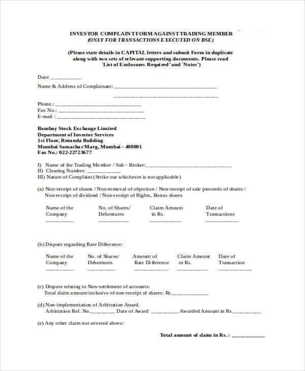FREE 7+ Investor Complaint Forms in PDF | MS Word