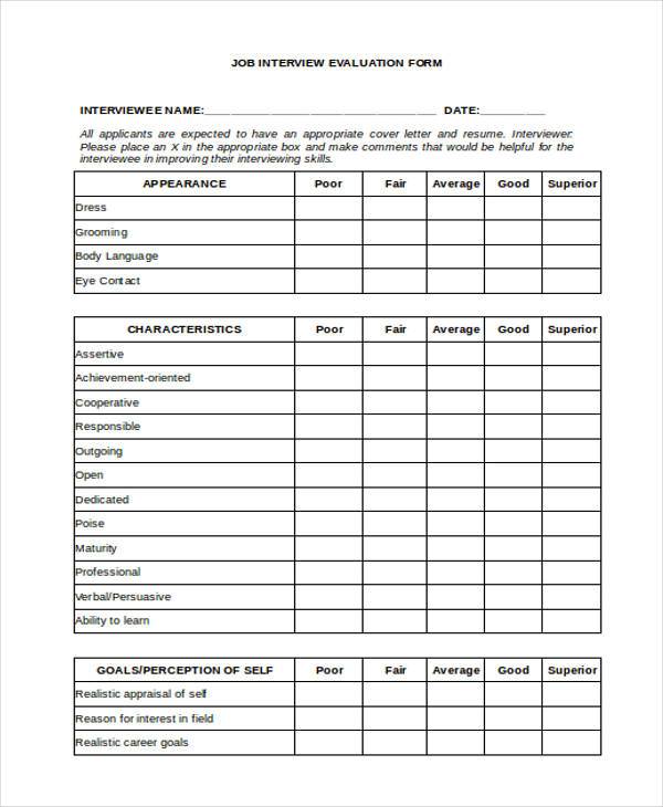 Job Interview Evaluation Comments Sample PDF Template