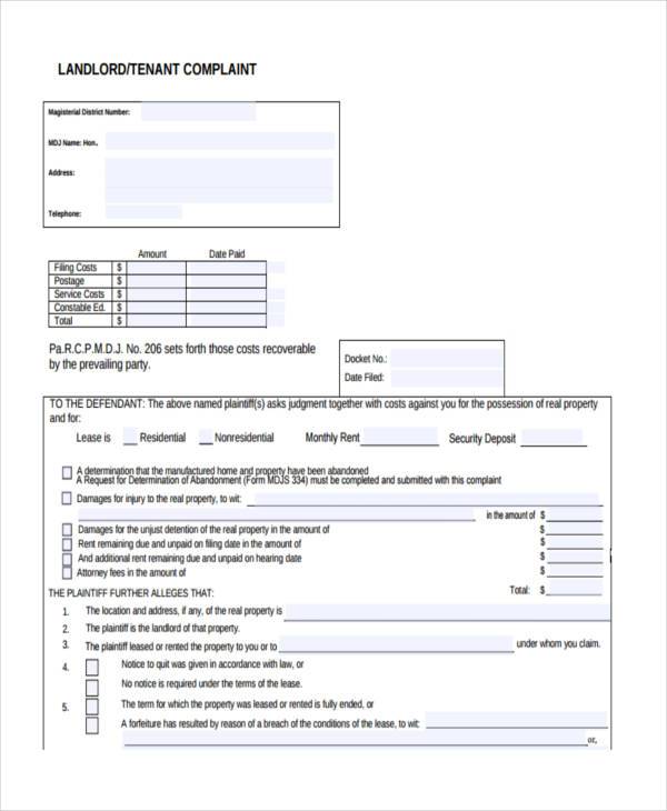 FREE 7+ Sample Landlord Complaint Forms in PDF | MS Word