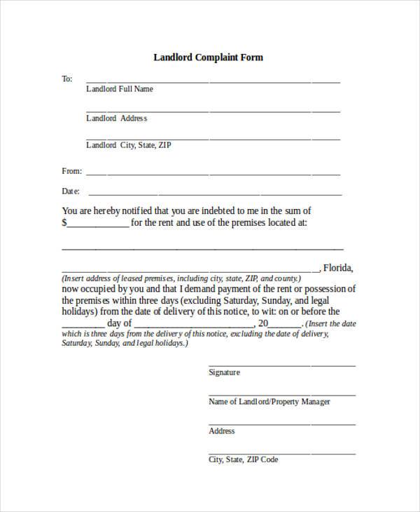 FREE 7+ Sample Landlord Complaint Forms in PDF | MS Word