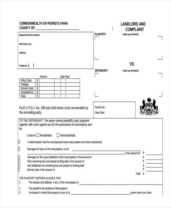 FREE 7+ Sample Landlord Complaint Forms in PDF | MS Word