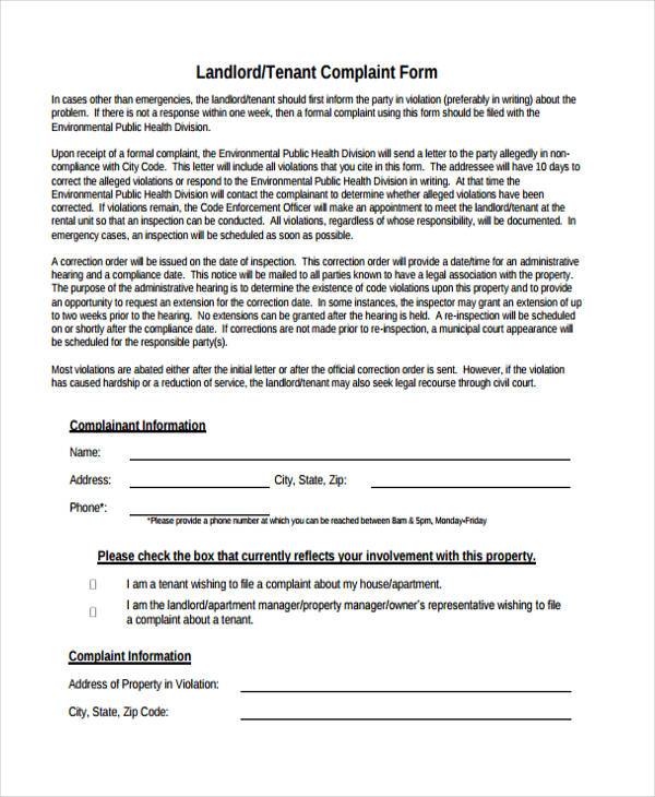 FREE 8+ Sample Tenant Complaint Forms in PDF | MS Word