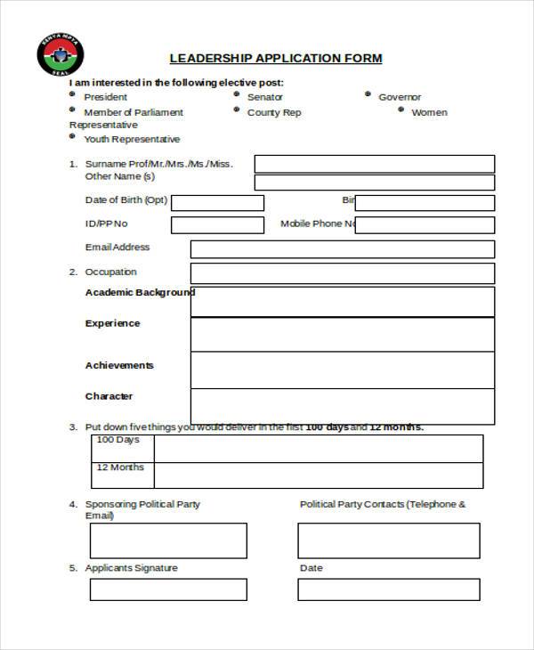 FREE 8 Sample Leadership Application Forms In PDF MS Word