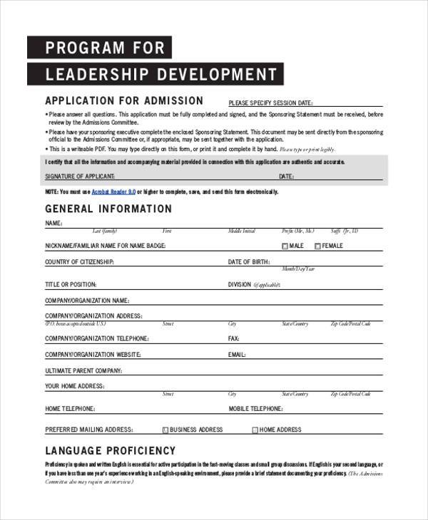 FREE 8 Sample Leadership Application Forms In PDF MS Word