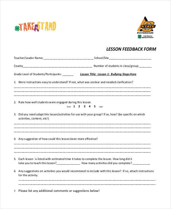 FREE 8+ Sample Lesson Feedback Forms in PDF | MS Word
