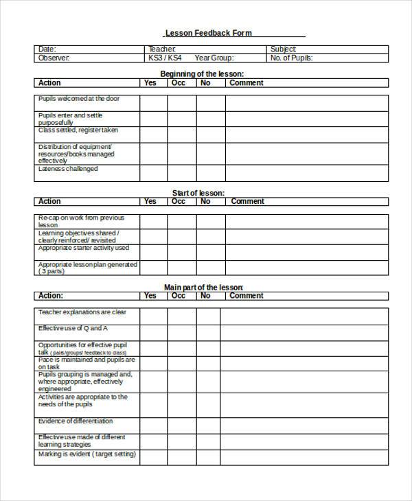 FREE 8+ Sample Lesson Feedback Forms in PDF | MS Word