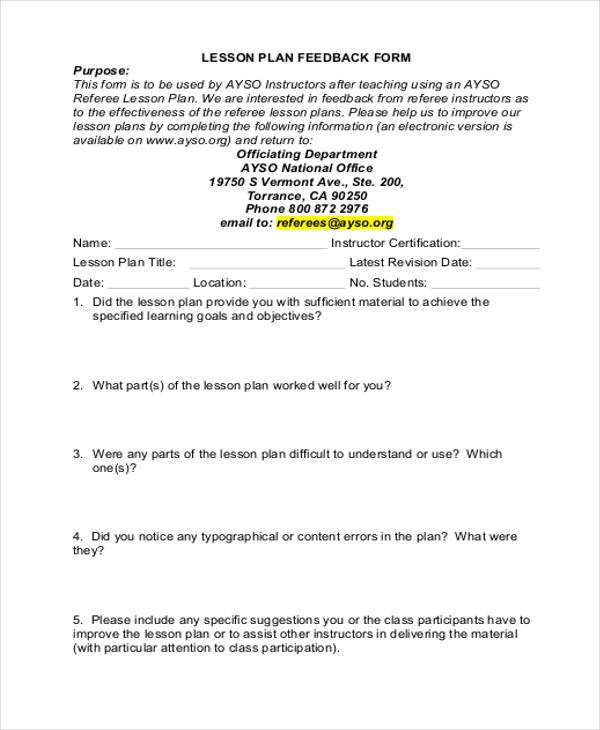 FREE 8+ Sample Lesson Feedback Forms in PDF | MS Word