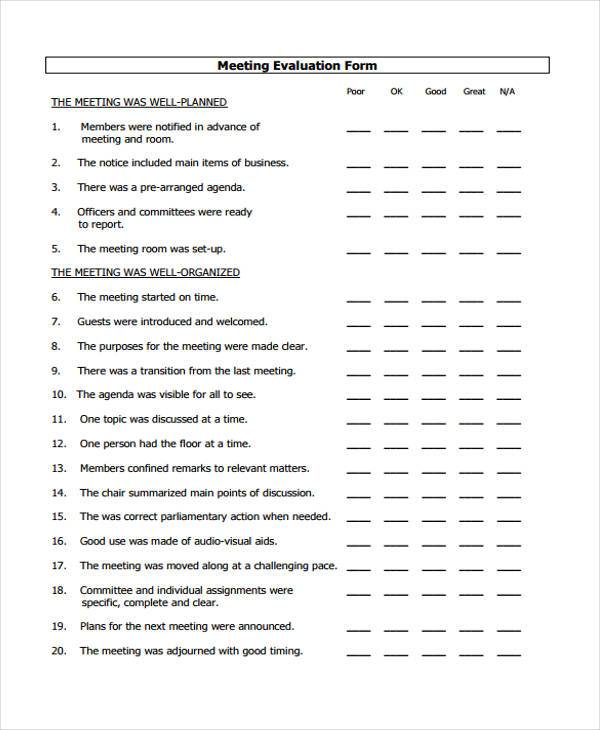 FREE 8 Meeting Evaluation Forms In PDF MS Word