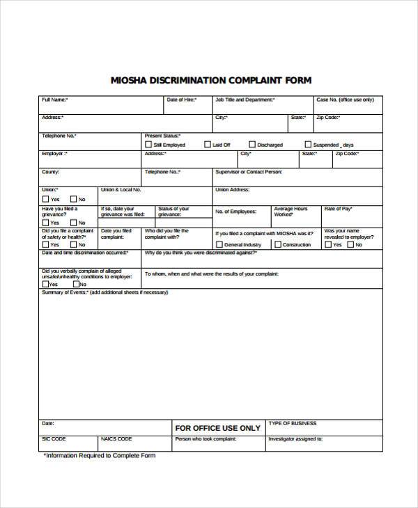 FREE 12+ Discrimination Complaint Forms in PDF | MS Word