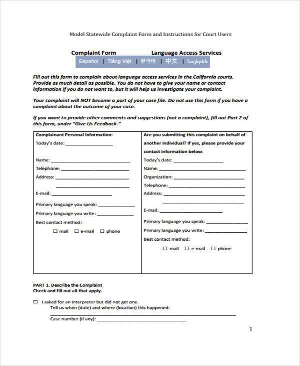 FREE 9+ Model Complaint Forms in PDF | MS Word
