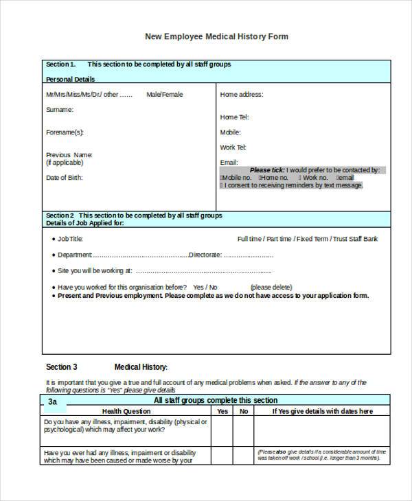 FREE 7+ Sample Employee Medical History Forms in PDF | MS Word