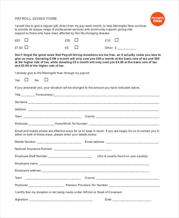 FREE 8+ Sample Payroll Giving Forms in PDF | MS Word