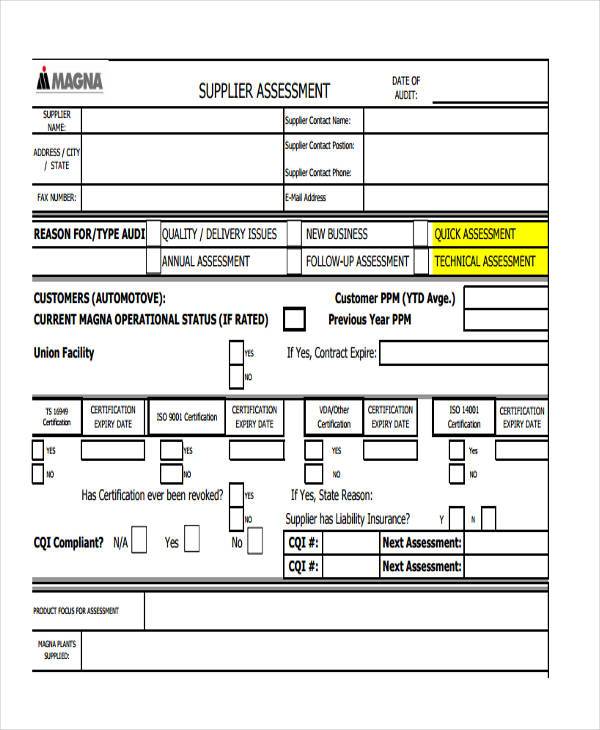 Free 8 Sample Supplier Assessment Forms In Pdf Ms Word