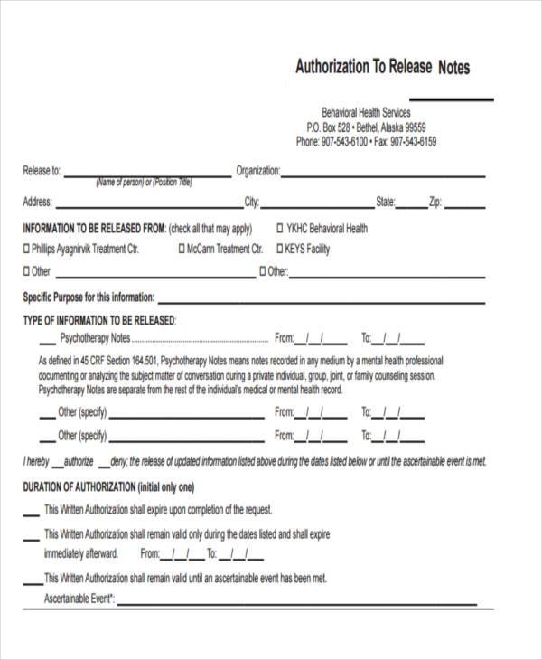 FREE 7+ Sample Note Release Forms in PDF | MS Word