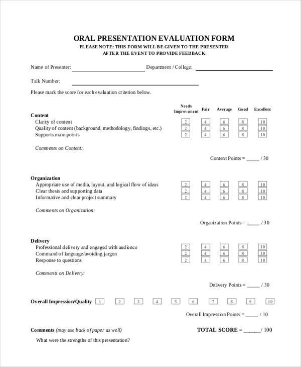 FREE 7+ Sample Oral Presentation Evaluation Forms in PDF | MS Word