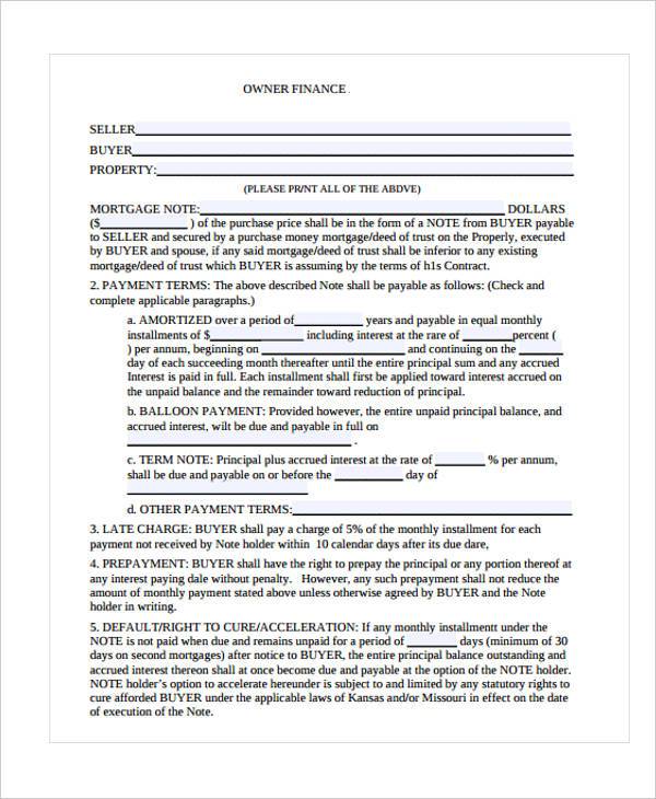 Printable Owner Financing Contract Template Printable Templates