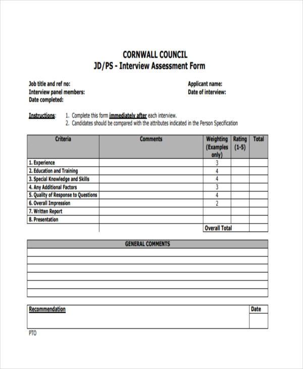 FREE 9 Sample Interview Assessment Forms In PDF MS Word