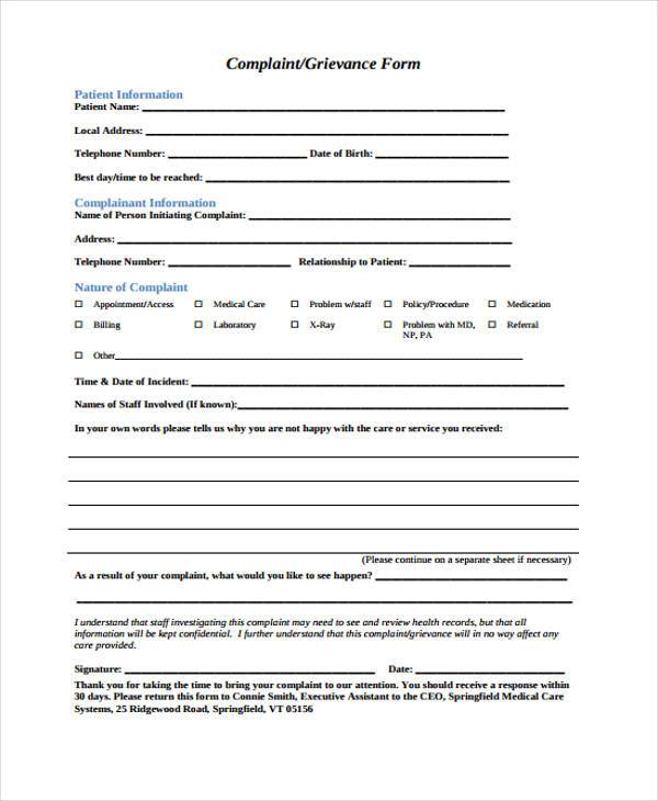 FREE 8+ Patient Complaint Forms in PDF | MS Word