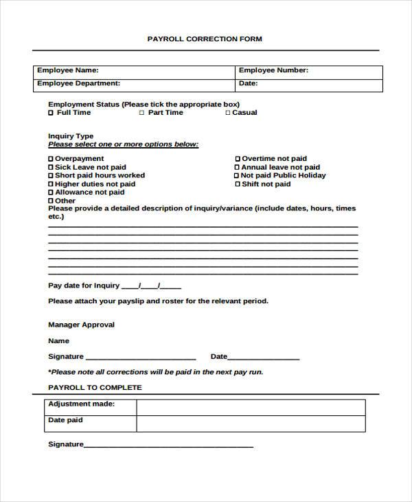 FREE 8+ Sample Payroll Correction Forms in PDF | MS Word | Excel