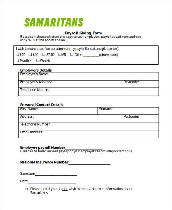 FREE 8+ Sample Payroll Giving Forms in PDF | MS Word