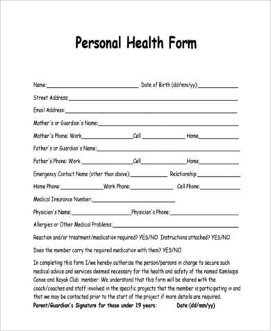 FREE 8+ Sample Personal Health Forms in PDF | MS Word