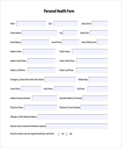 FREE 8+ Sample Personal Health Forms in PDF | MS Word