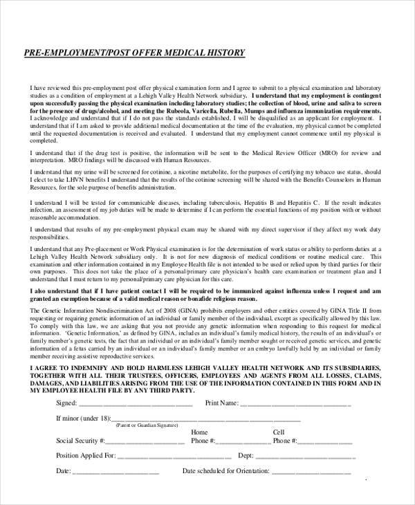 FREE 7+ Sample Employee Medical History Forms in PDF | MS Word