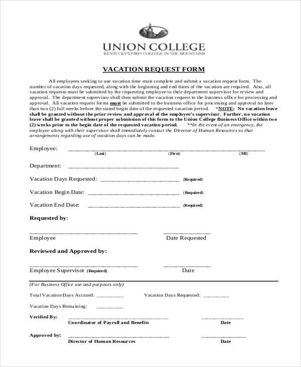 FREE 7+ Sample Employee Vacation Request Forms in PDF | MS Word