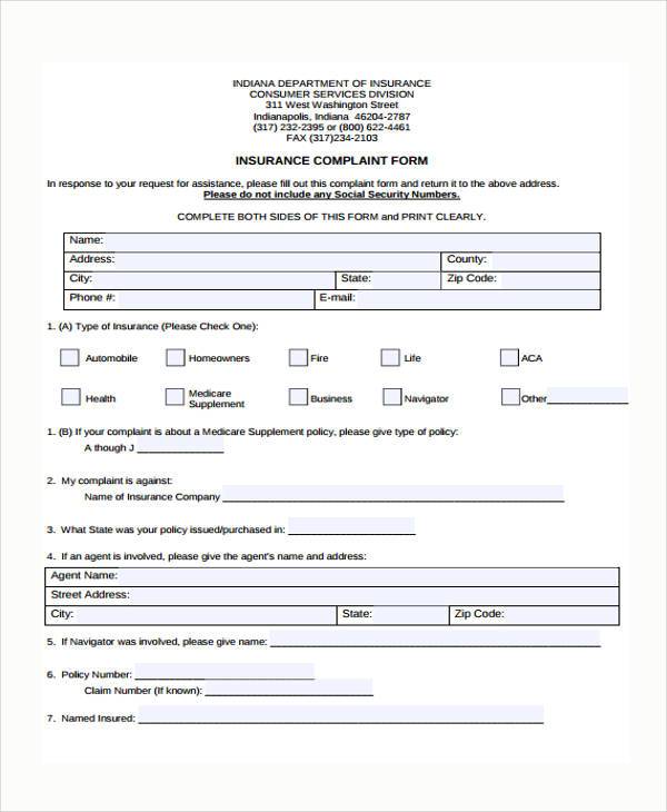 FREE 7+ Sample Insurance Complaint Forms in MS Word | PDF