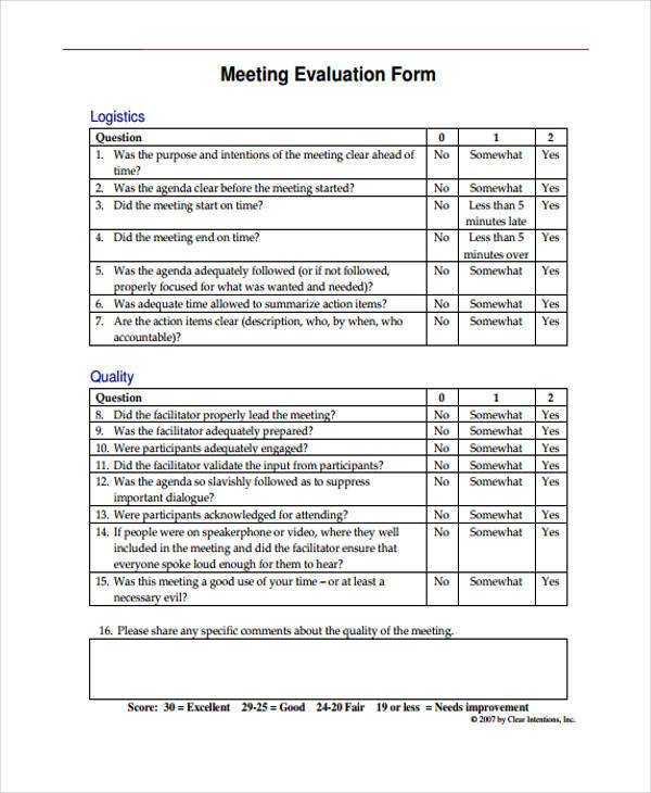 FREE 8 Meeting Evaluation Forms In PDF MS Word