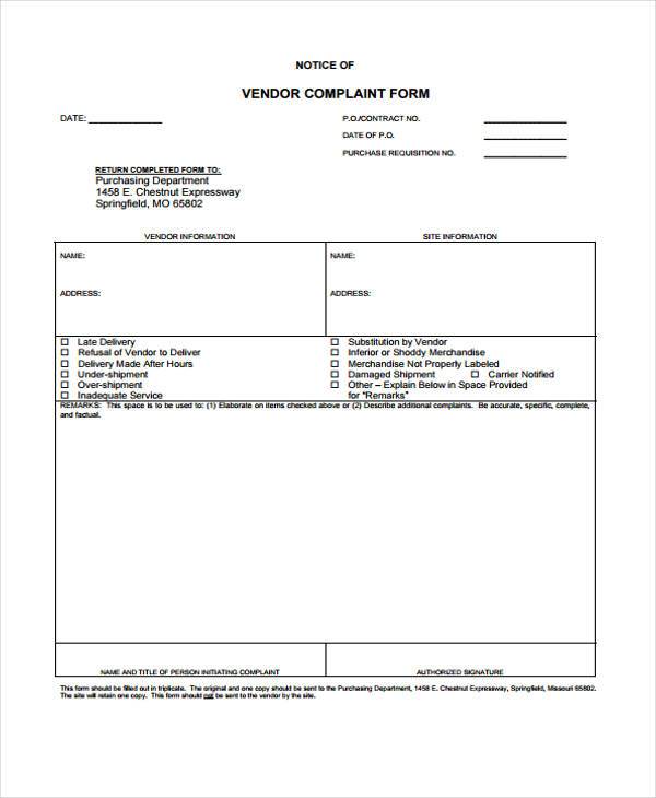 FREE 8+ Sample Vendor Complaint Forms in PDF | MS Word