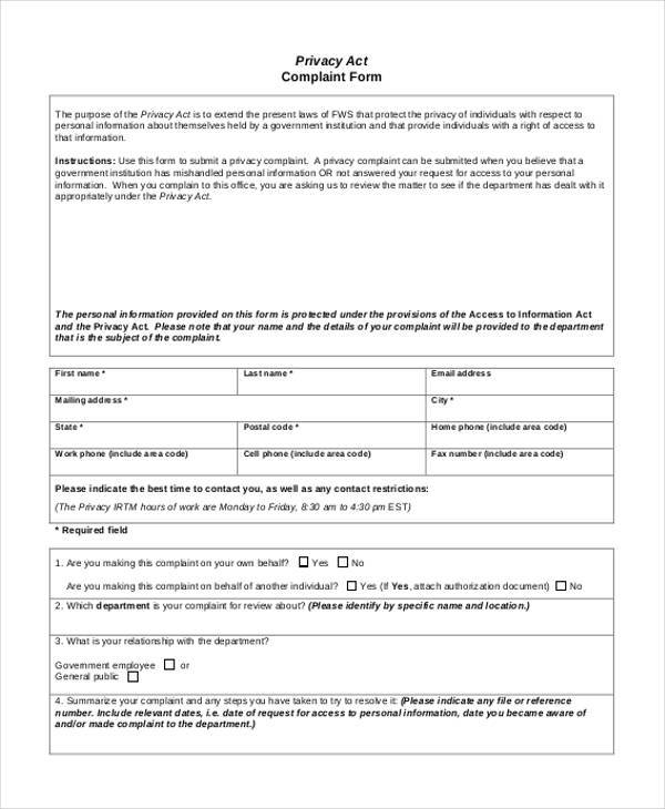 FREE 10+ Privacy Complaint Forms in PDF | MS Word