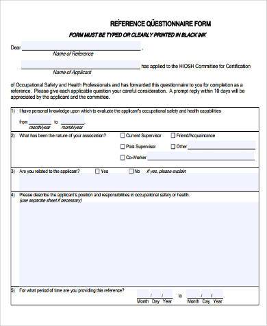 FREE 8+ Sample Reference Questionnaire Forms in PDF | MS Word
