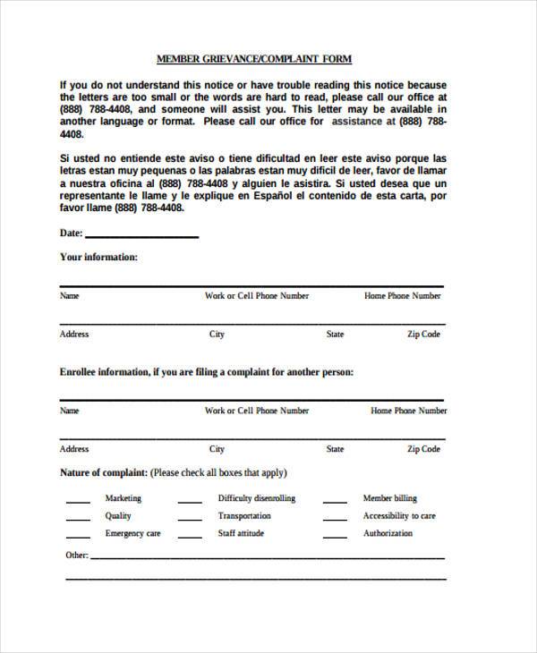FREE 8+ Sample Grievance Complaint Forms in PDF | MS Word