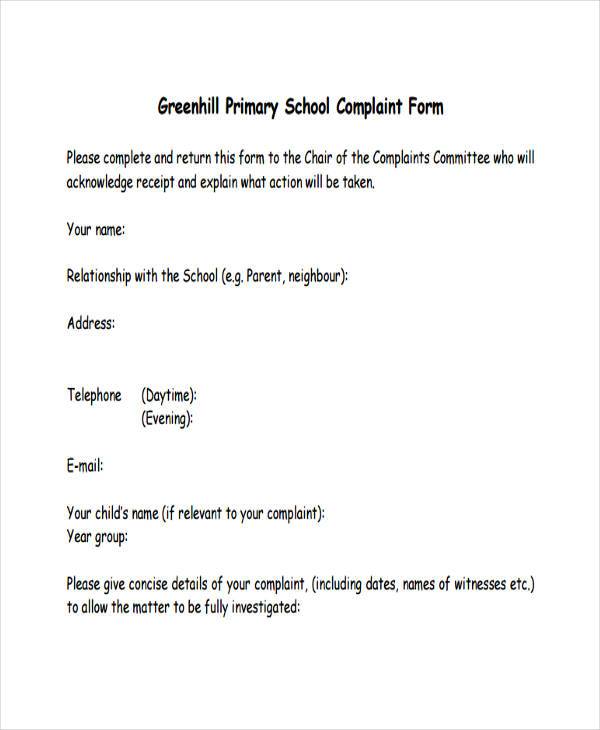 FREE 8+ Sample School Complaint Forms in PDF | MS Word