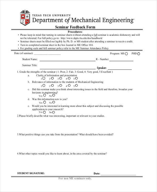 FREE 8+ Sample Seminar Feedback Forms in PDF | MS Word