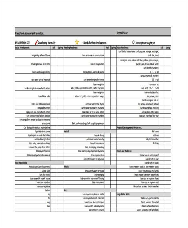 FREE 8+ Preschool Assessment Form Samples in PDF | MS Word