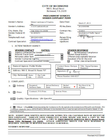 FREE 8+ Sample Vendor Complaint Forms in PDF | MS Word