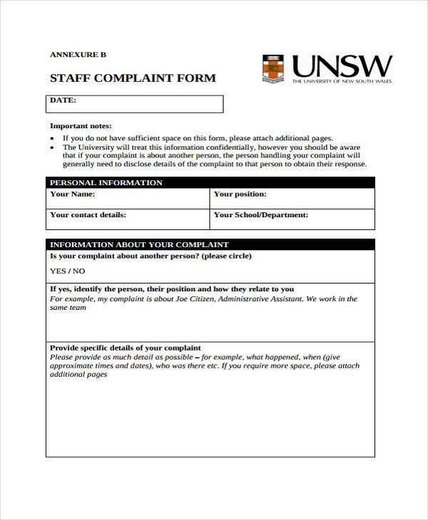 FREE 7+ Sample Staff Complaint Forms in PDF | MS Word