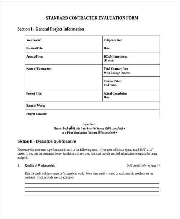 FREE 11+ Contractor Evaluation Form Samples, PDF, MS Word, Google Docs