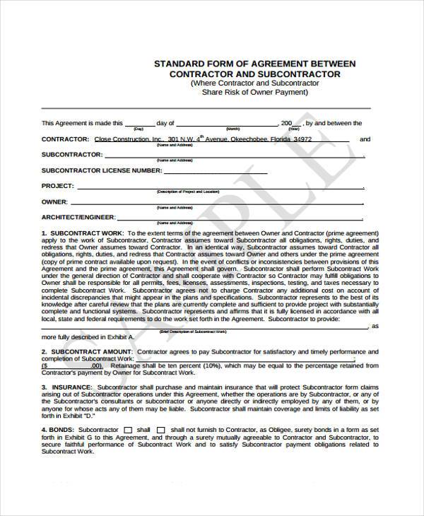 FREE 7+ Sample Subcontractor Contract Forms in PDF | MS Word