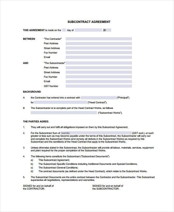 FREE 7+ Sample Subcontractor Contract Forms in PDF | MS Word