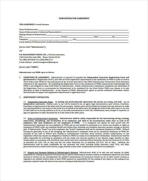 FREE 7+ Sample Subcontractor Contract Forms in PDF | MS Word