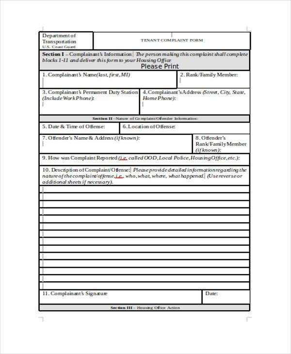 FREE 8+ Sample Tenant Complaint Forms in PDF | MS Word