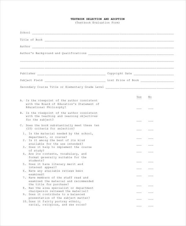 FREE 7+ Sample Textbook Evaluation Forms in PDF | MS Word