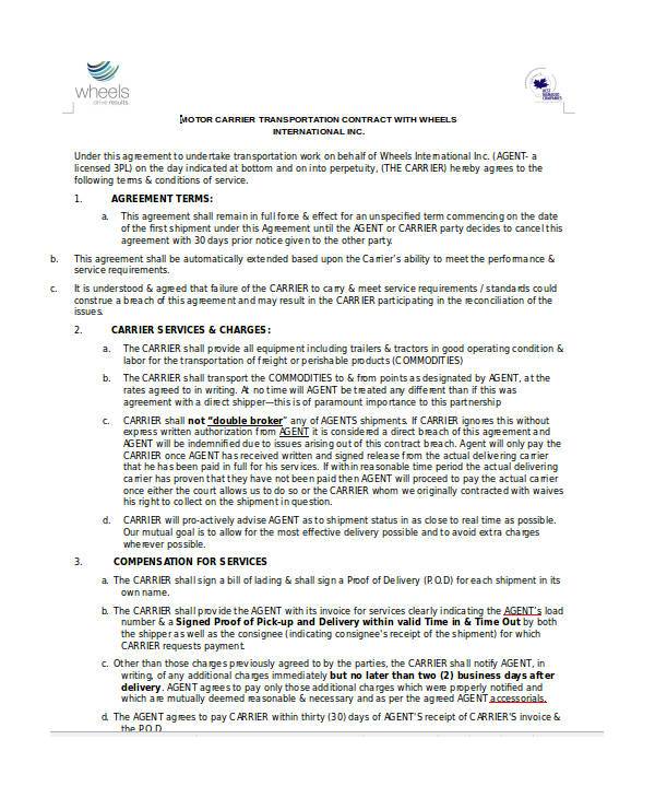 FREE 12+ Transportation Contract Form Samples, PDF, MS Word, Google Docs