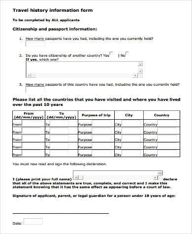 FREE 9+ Sample Travel History Forms in PDF | MS Word