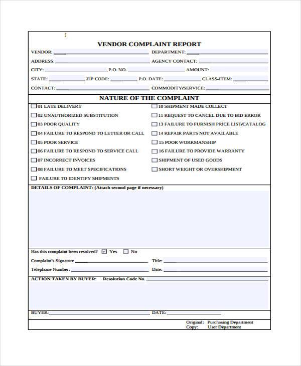 FREE 8+ Sample Vendor Complaint Forms in PDF | MS Word